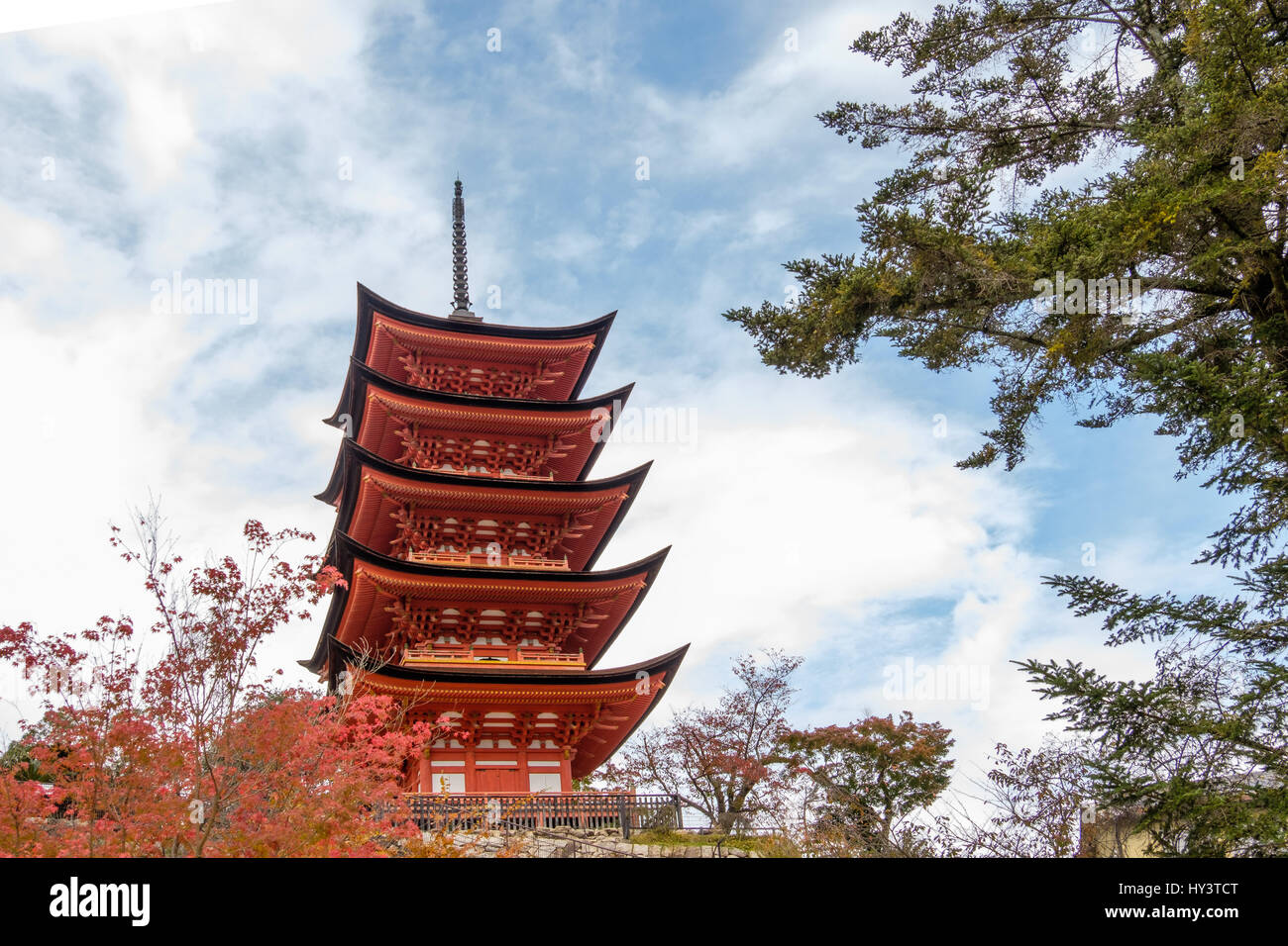 Five storey pagoda with autumn colour tree in Miyajima, Japan Stock ...