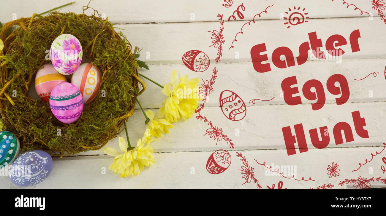 Easter Egg Hunt logo against white background against colorful easter ...