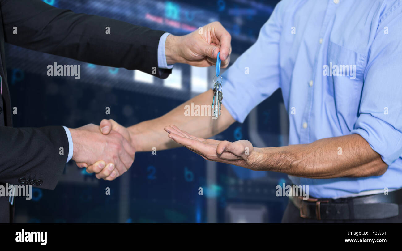 Businessman shaking hands and giving keys against virus background ...
