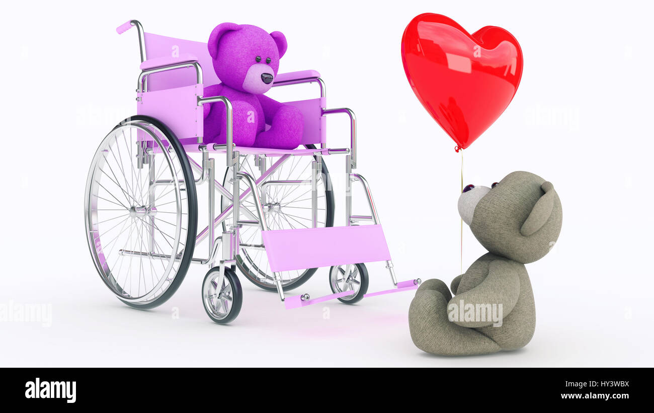 Concept of love. Two teddy bears in wheelchair with red heart Stock ...
