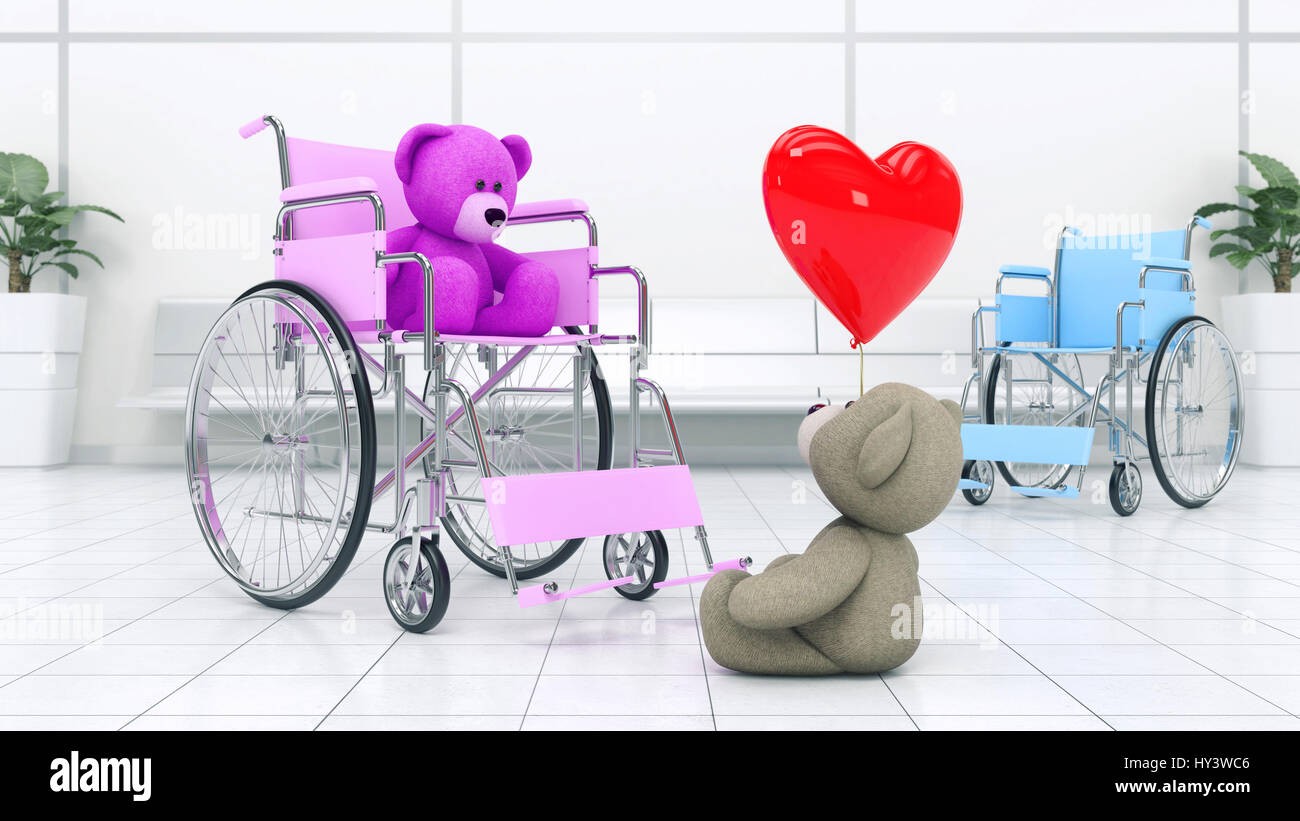 Concept of love. Two teddy bears in wheelchair with red heart Stock ...
