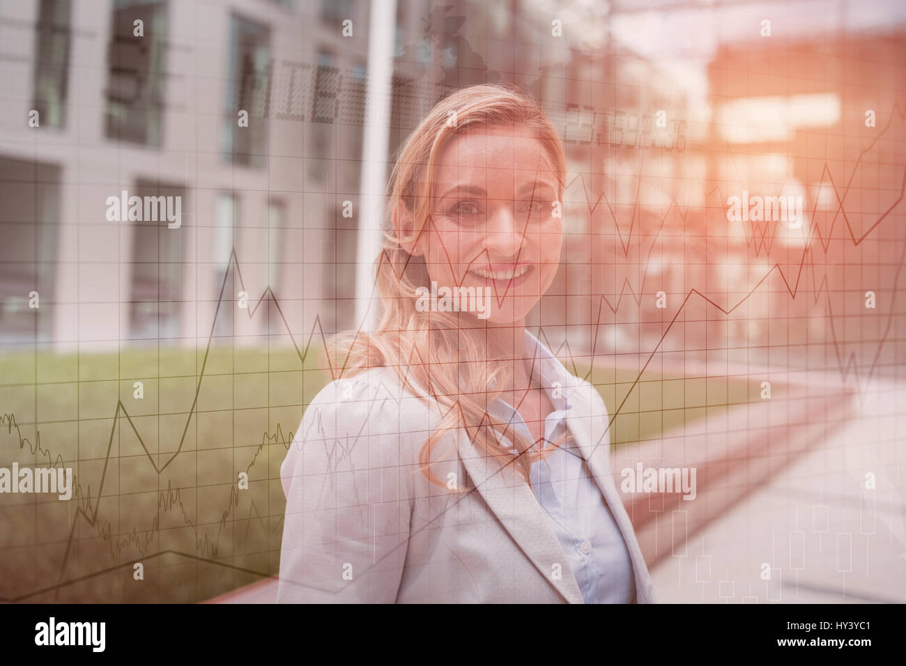 Stocks and shares against smiling businesswoman standing in office ...