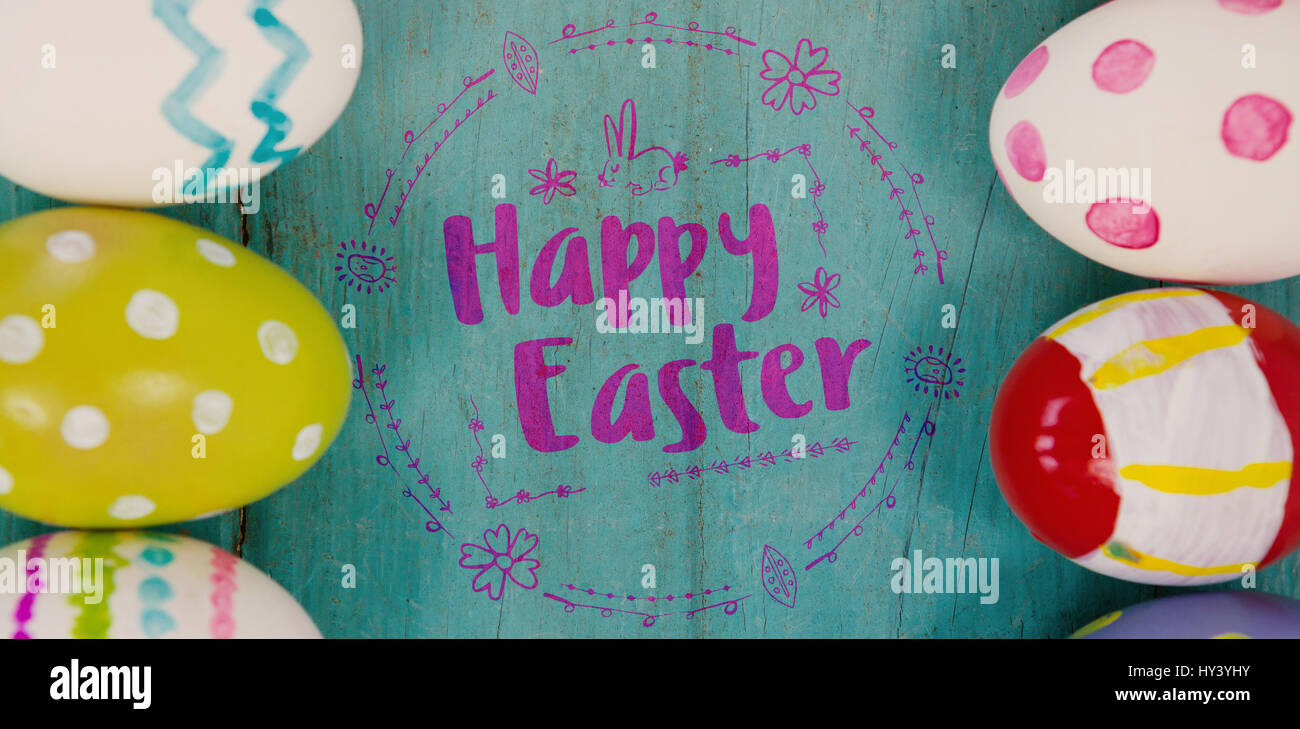 Happy Easter red logo against a white background against various easter ...