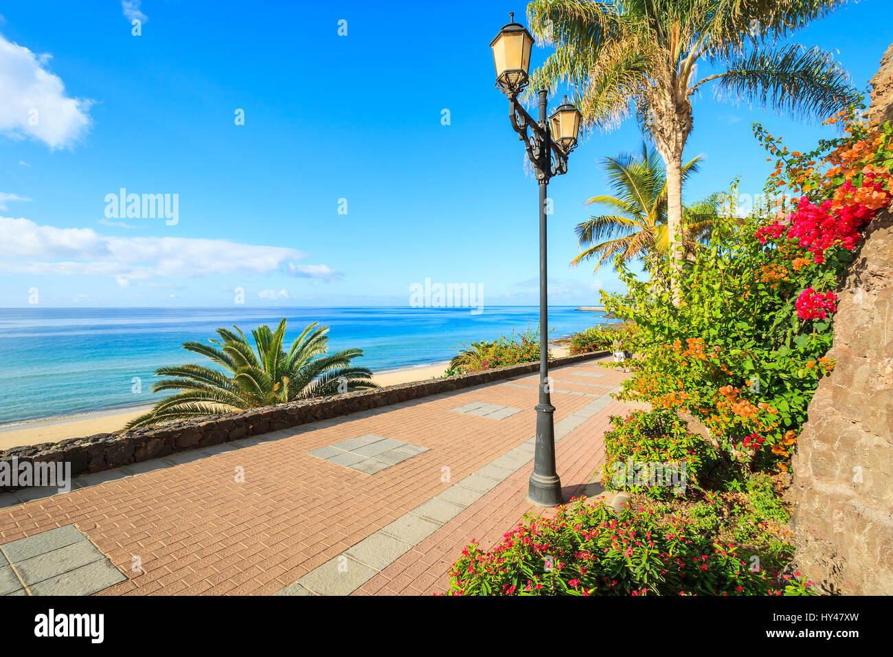 Morro Jable promenade along sea on Jandia beach, Fuerteventura, Canary ...