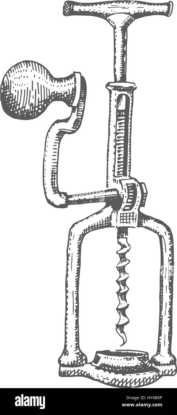 corkscrew isolated on white hand drawn engraved illustration in vintage ...