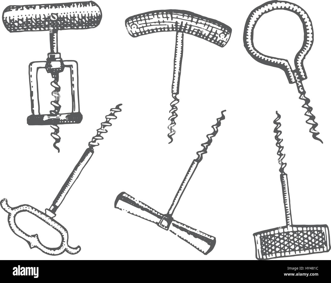 Big set of corkscrew in vintage old engraving style, hand drawn in ...