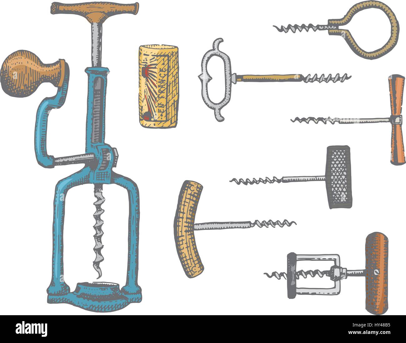 Big set of corkscrew in vintage old engraving style, hand drawn in ...