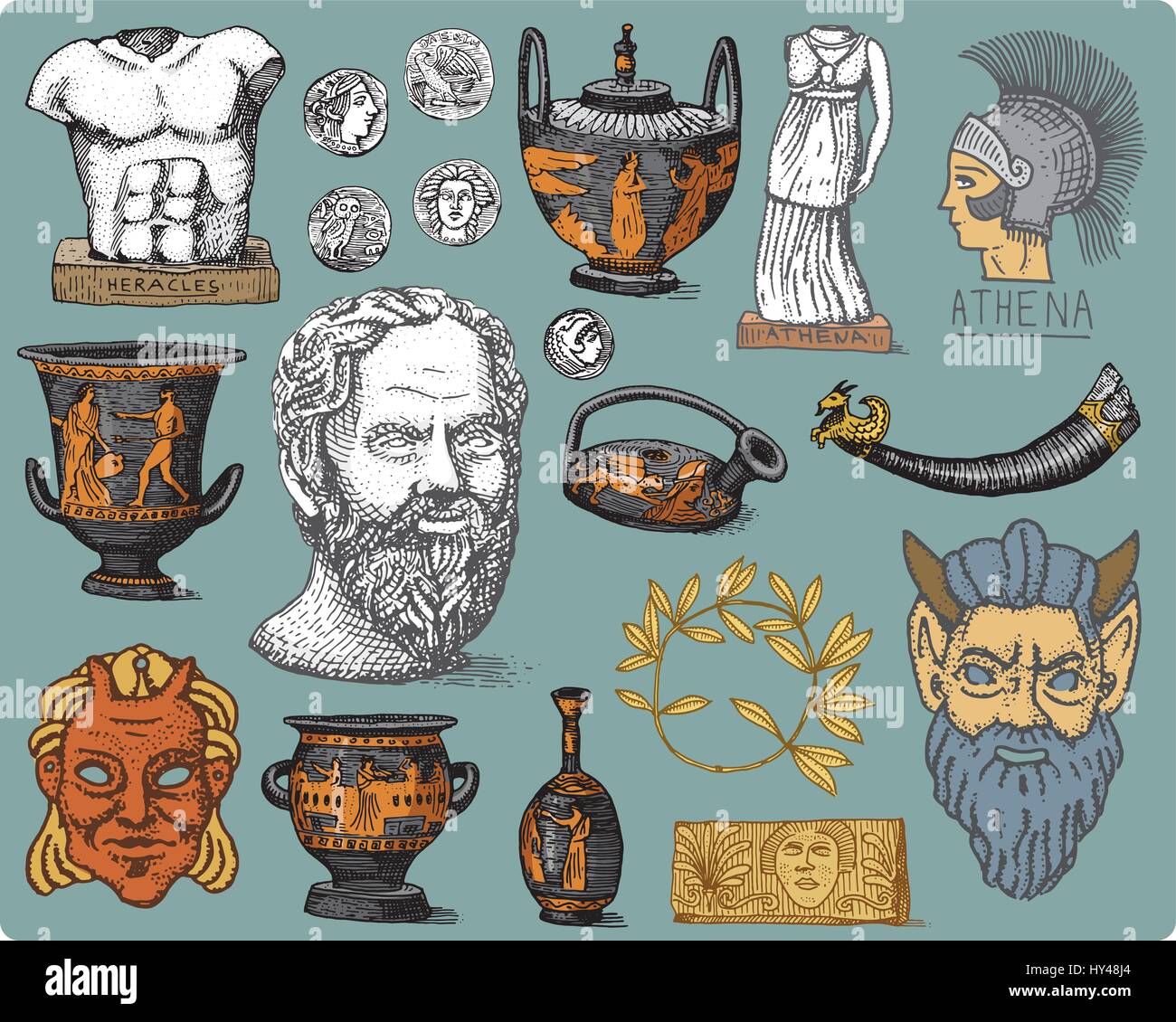 ancient Greece, antique symbols Socrates head, laurel wreath, athena ...