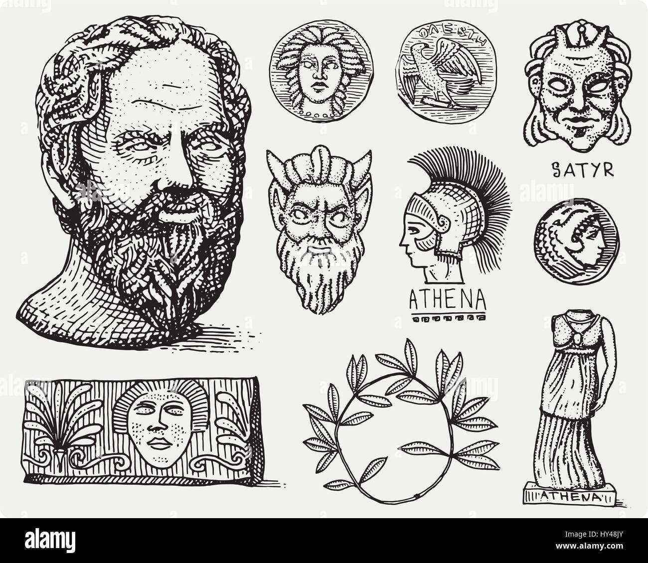 ancient Greece, antique symbols Socrates head, laurel wreath, athena ...
