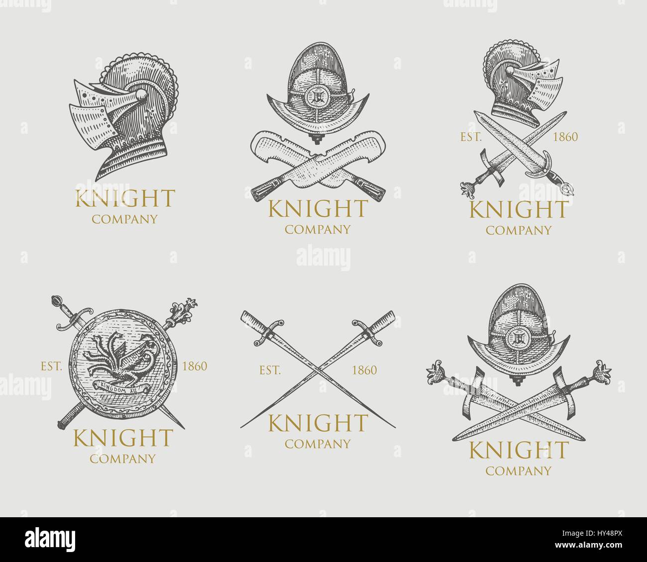 Set of monochrome knights emblems, badges, labels and logos midieval ...