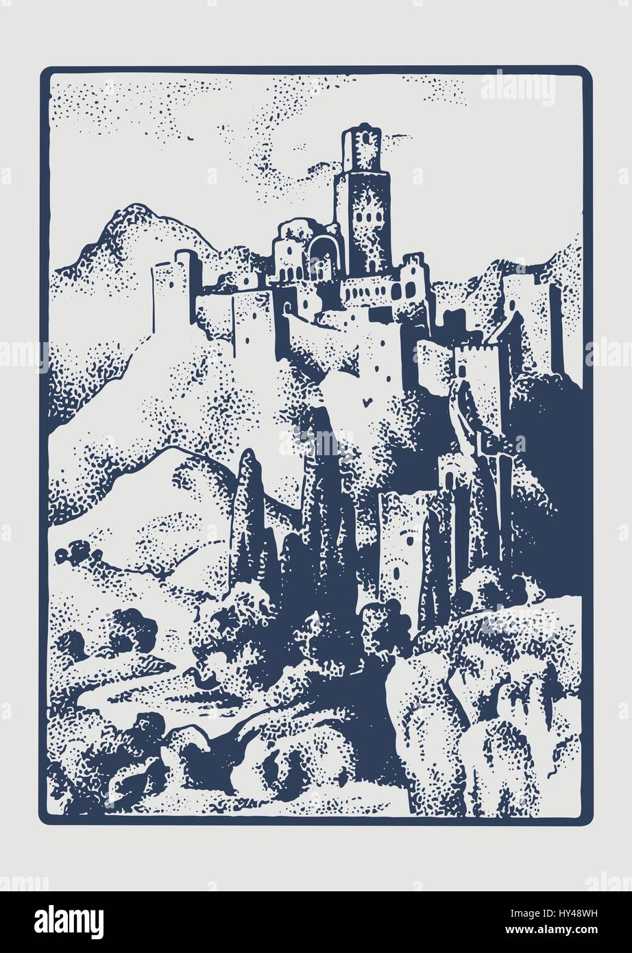 medieval castle in the hill in Tuskany, Italy vintage, engraved hand ...