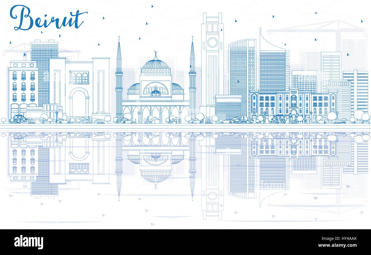 Outline Beirut Skyline with Blue Buildings and Reflections. Vector ...