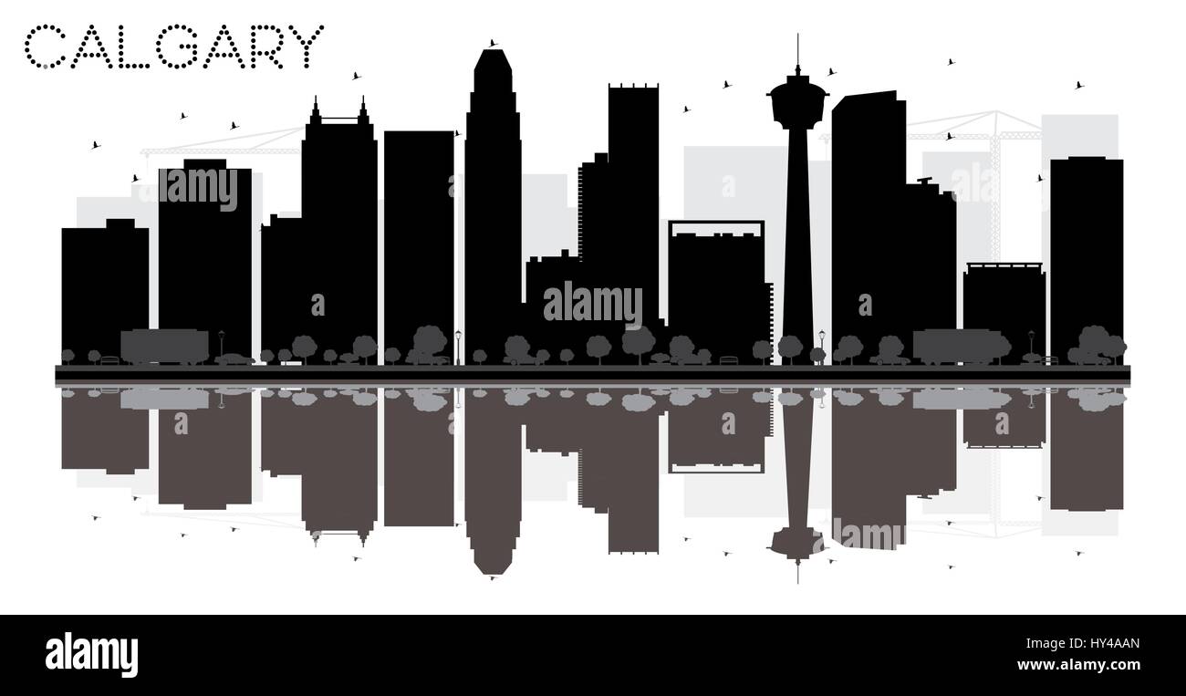 Calgary City skyline black and white silhouette with reflections ...