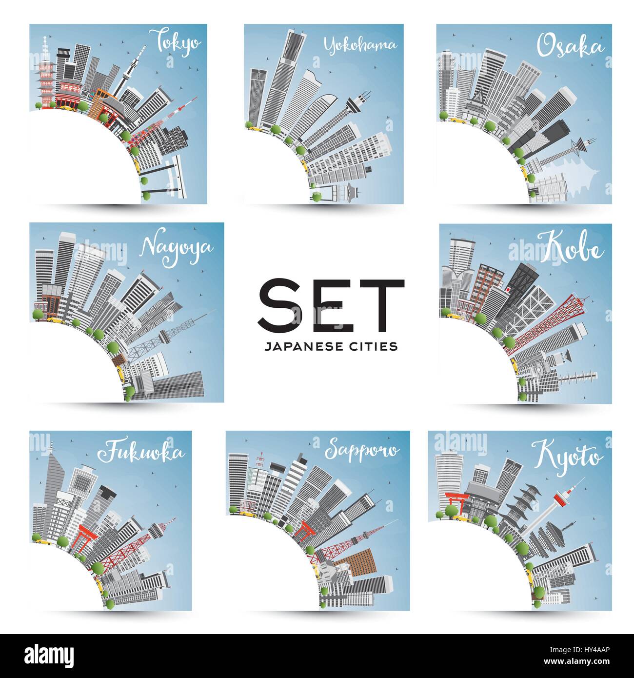 Set of 8 Japanese Cities with Gray Buildings and Blue Sky. Vector ...