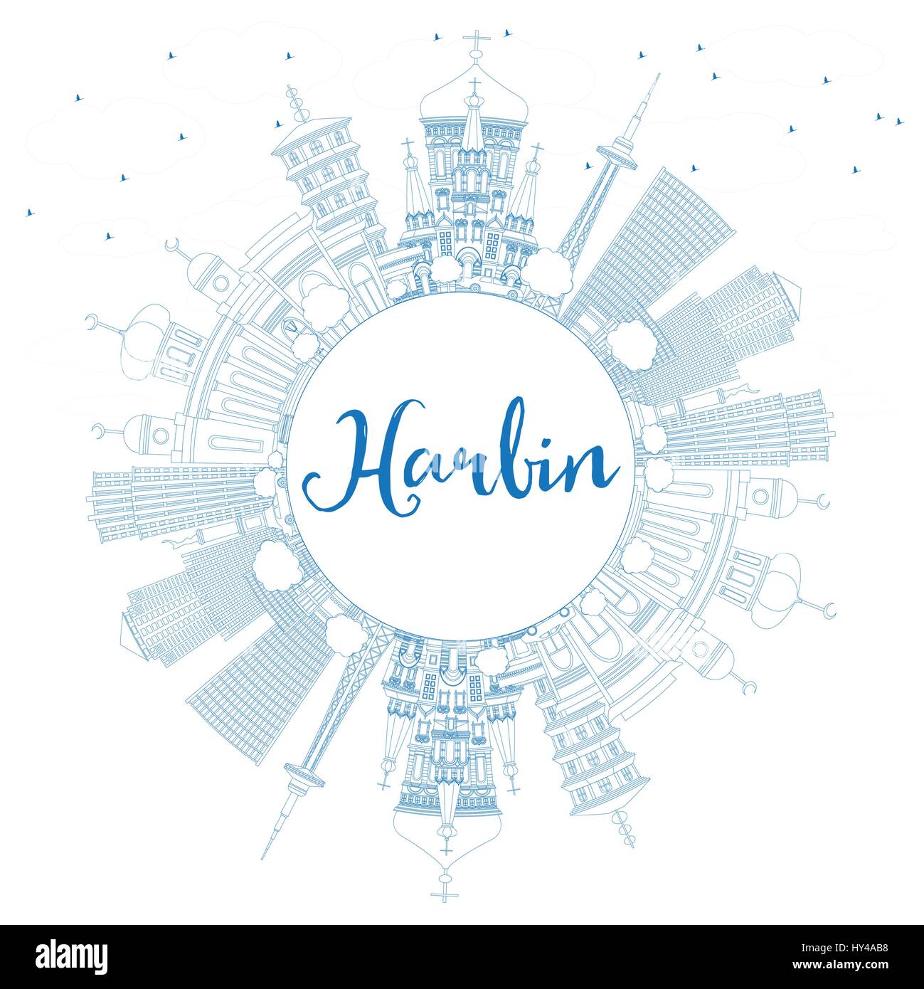 Outline Harbin Skyline with Blue Buildings and Copy Space. Vector ...