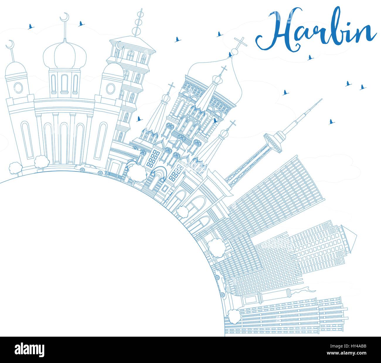 Outline Harbin Skyline with Blue Buildings and Copy Space. Vector ...