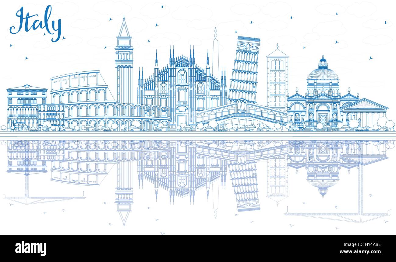 Outline Italy Skyline with Blue Landmarks and Reflections. Vector ...