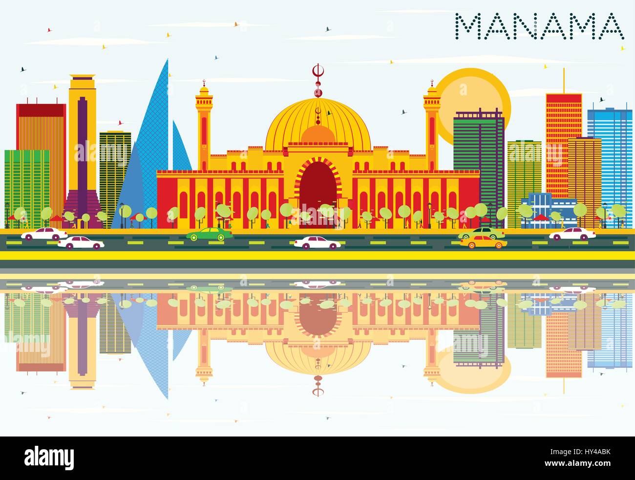 Manama Skyline with Color Buildings, Blue Sky and Reflections. Vector ...