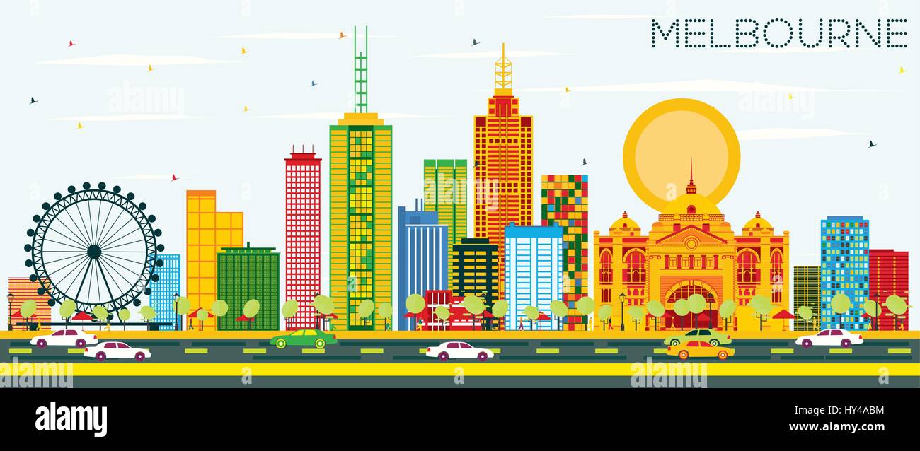 Melbourne Skyline with Color Buildings and Blue Sky. Vector ...