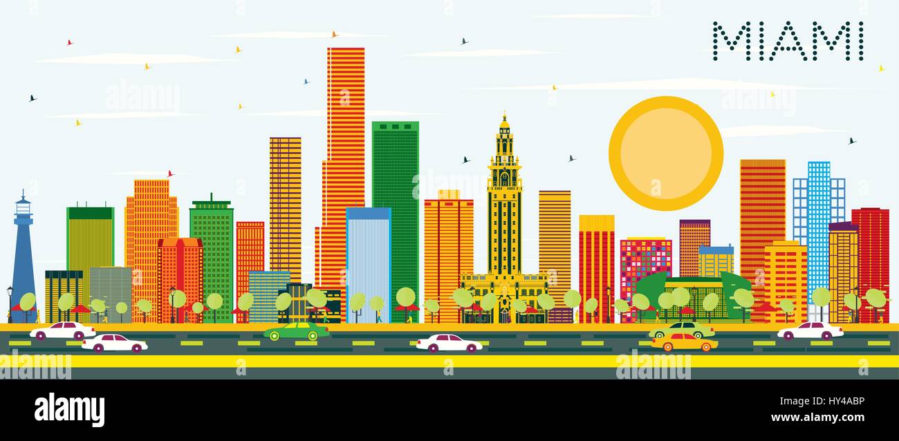 Miami Skyline with Color Buildings and Blue Sky. Vector Illustration ...