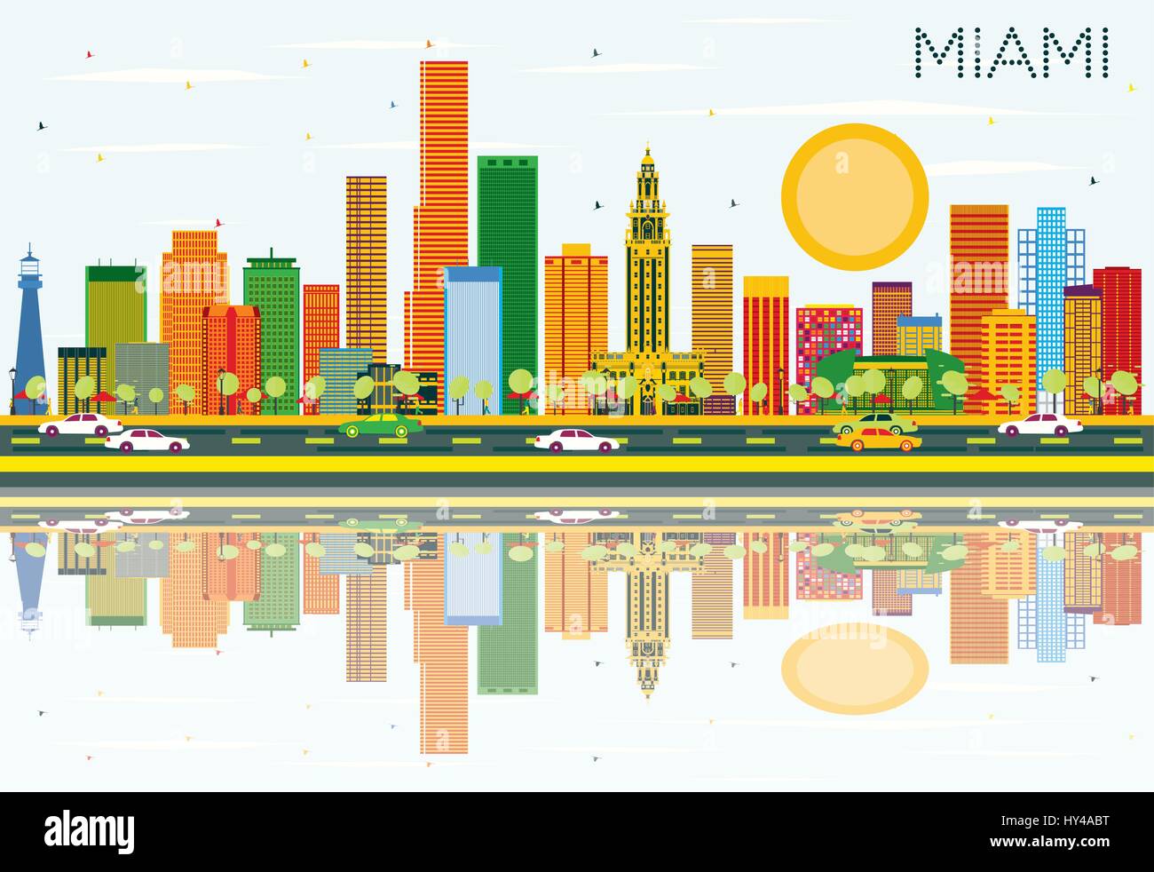 Miami Skyline with Color Buildings, Blue Sky and Reflections. Vector ...