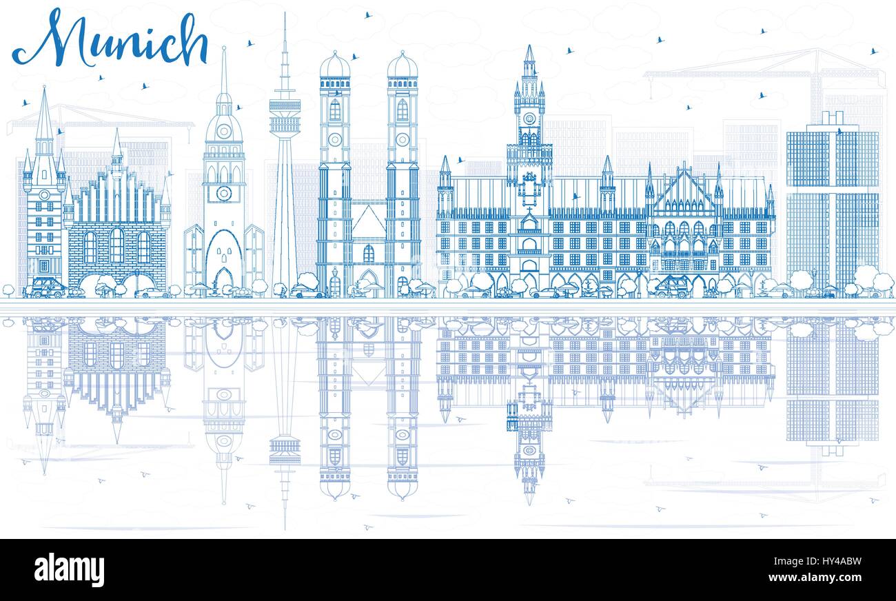 Outline Munich Skyline with Blue Buildings and Reflections. Vector ...