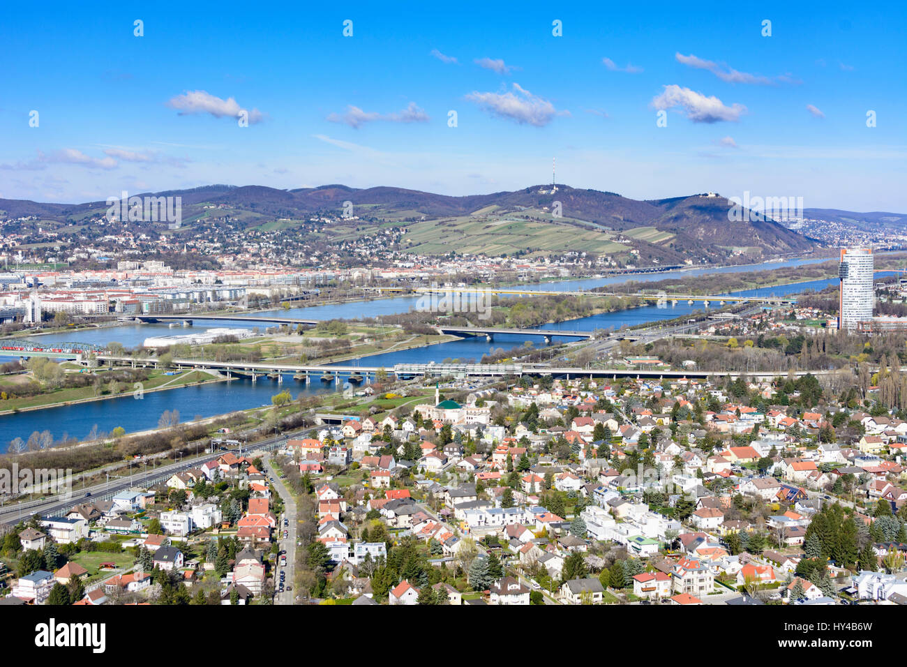 view from TV tower Donauturm to Vienna, river New Danube, Donauinsel ...