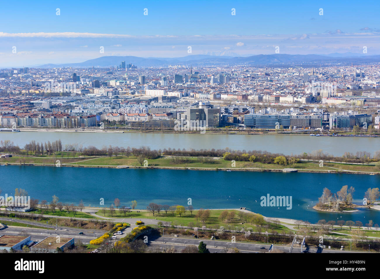 view from TV tower Donauturm to Vienna, river New Danube, Donauinsel ...