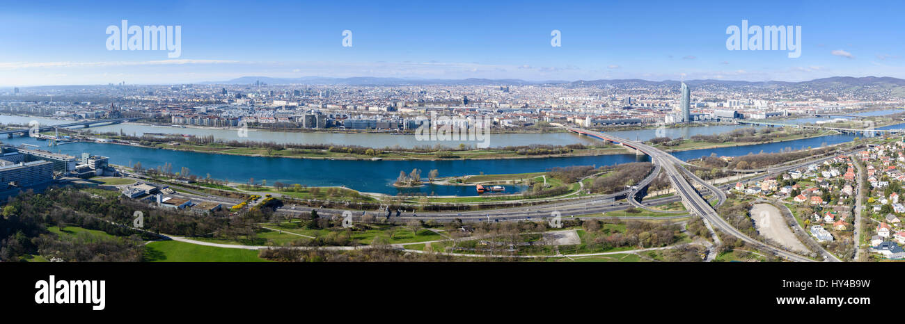 view from TV tower Donauturm to Vienna, river New Danube, Donauinsel ...