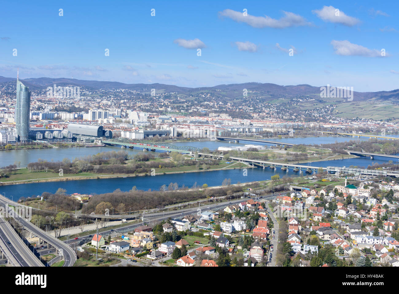 view from TV tower Donauturm to Vienna, river New Danube, Donauinsel ...