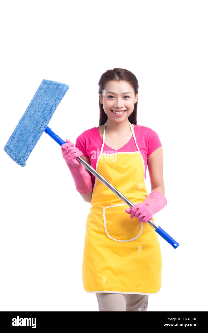 Woman doing housekeeping stuff at home isolated on white background ...