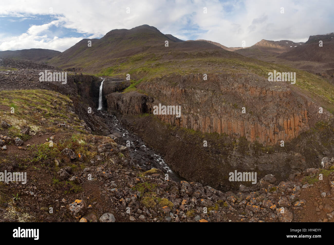 Majestic Waterfall Cascading Into Rugged walley with mountain river ...