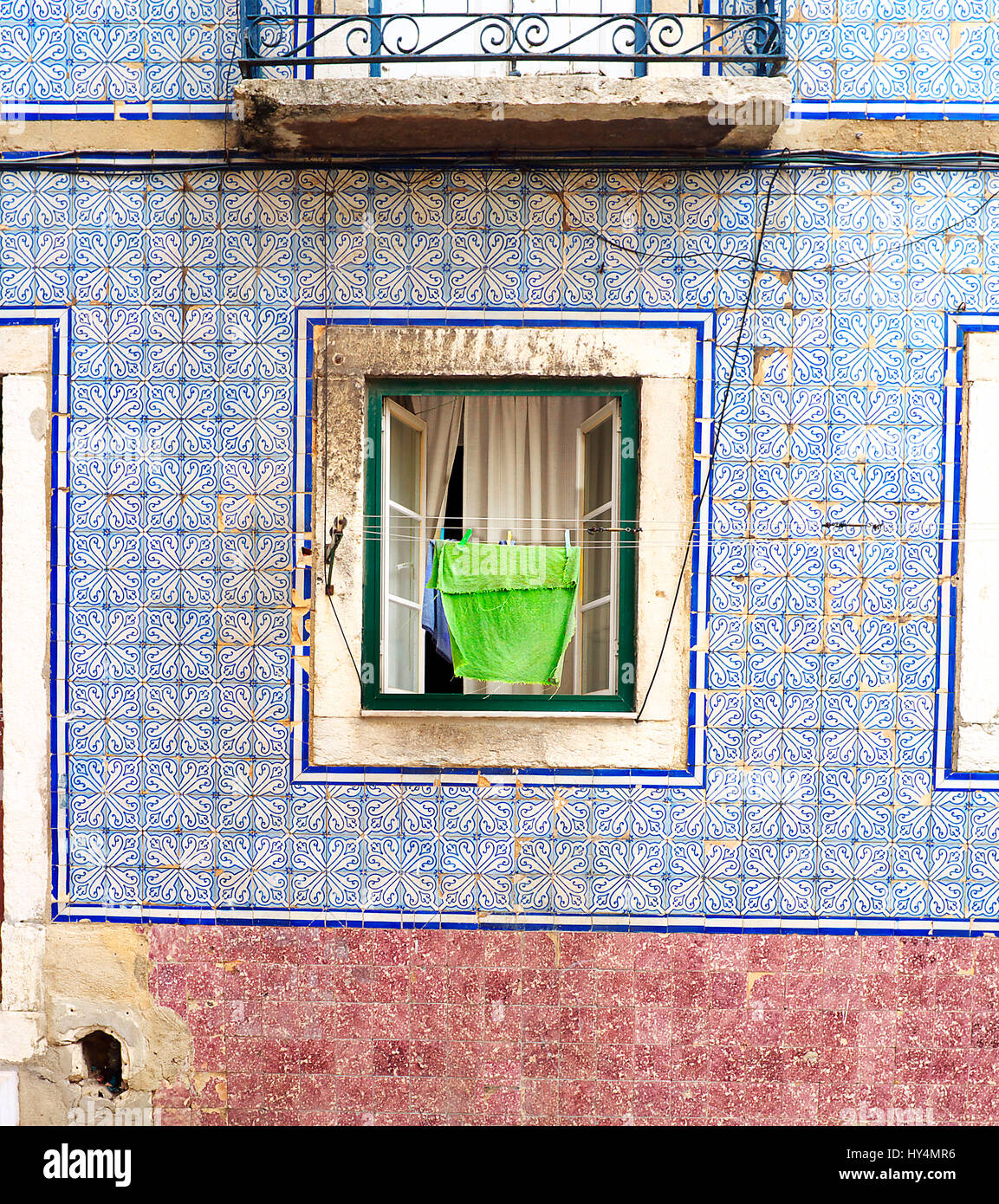 Window with clothesline and towel Stock Photo - Alamy