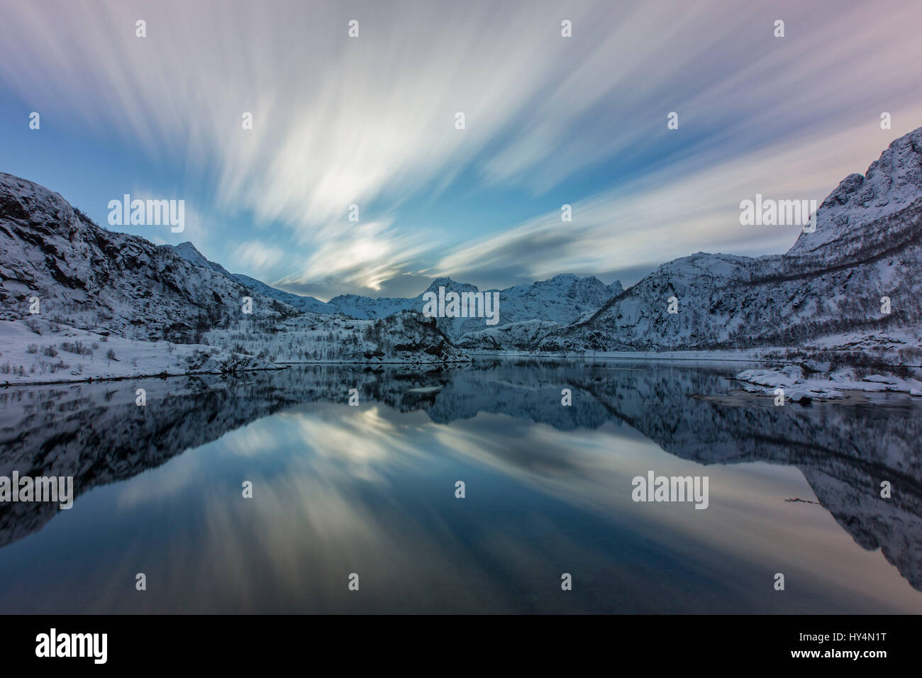 Cloud, Long Exposure, Norwegian fjord with reflection in the water and ...