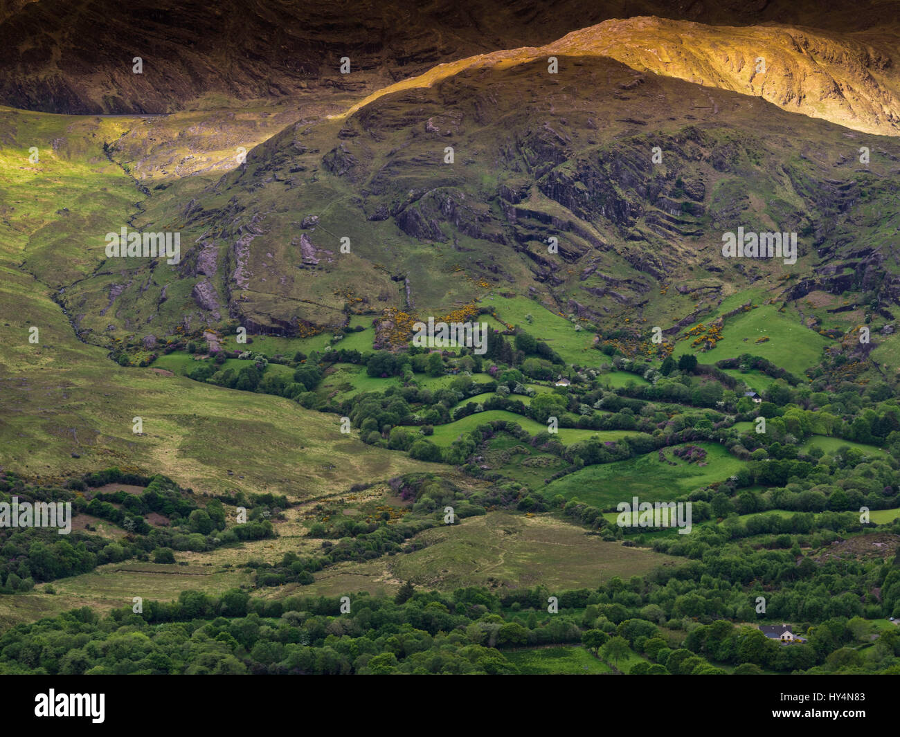Ireland, Kerry, shimmering evening light in the mountains of the Caha ...