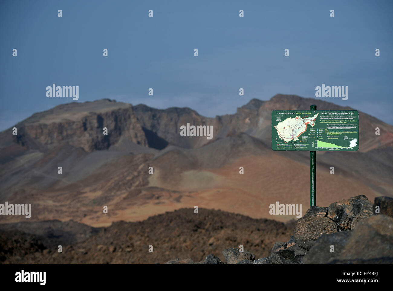 Sign for trail of Pico Viejo to the summit of Mount Teide, Teide ...