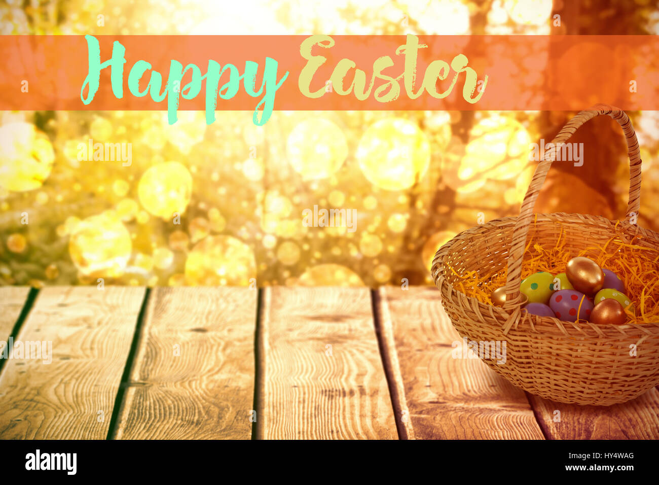 Happy easter logo against tranquil autumn scene in forest Stock Photo ...