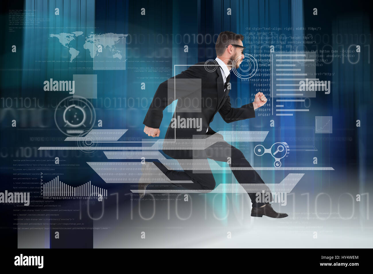 Geeky young businessman running mid air against blue light wave over ...