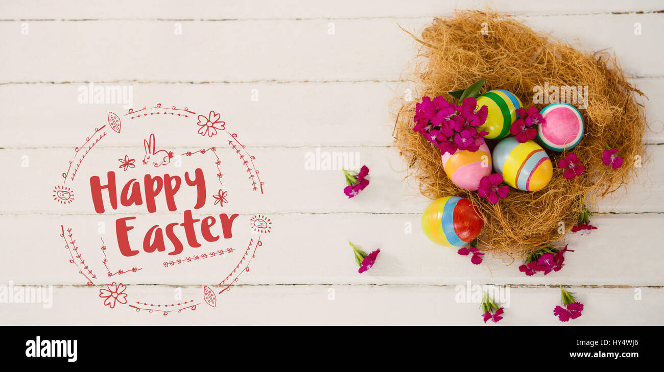 Happy Easter red logo against a white background against multicolored ...