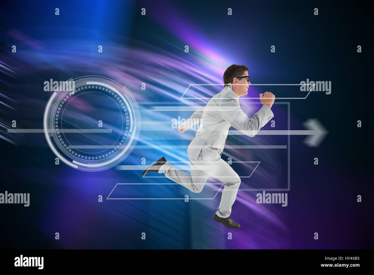 Geeky happy businessman running mid air against purple light beams over ...