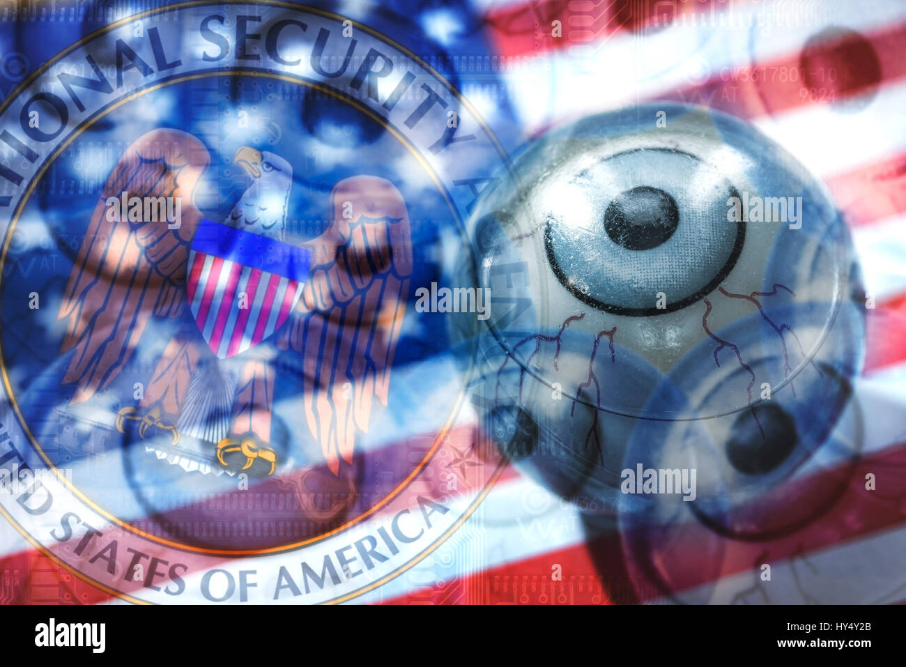 Eye on USA flag with NSA symbol, US-spy programmes, Auge auf USA-Fahne ...