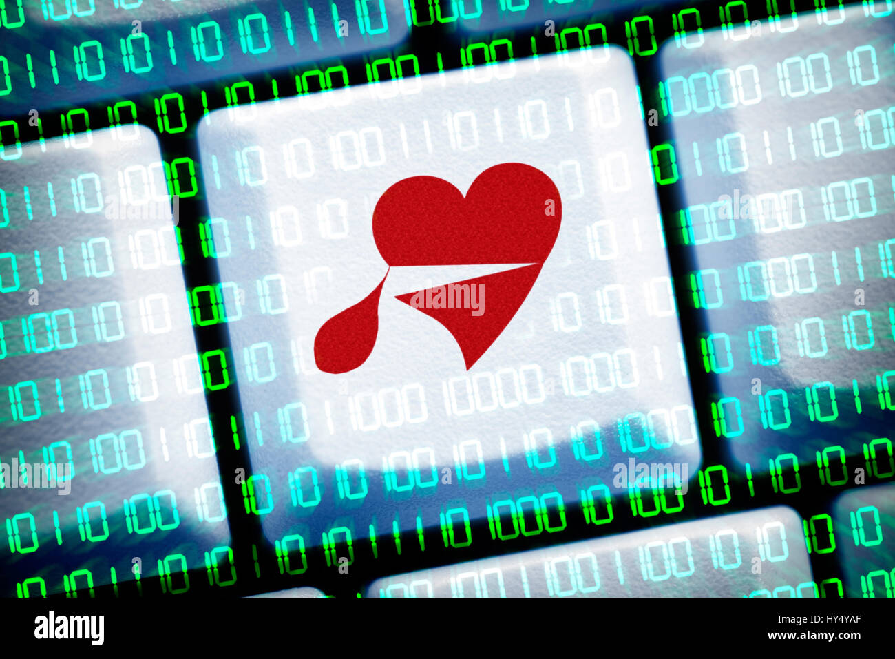 Computer key with heart and drop of blood, security gap Heartbleed in ...