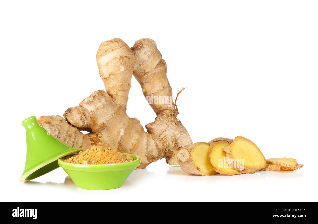 Root ginger (Zingiber officinalis) and powder isolated on a white ...