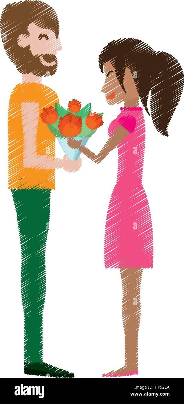 drawing couple romantic bouquet flowers vector illustration eps 10 ...