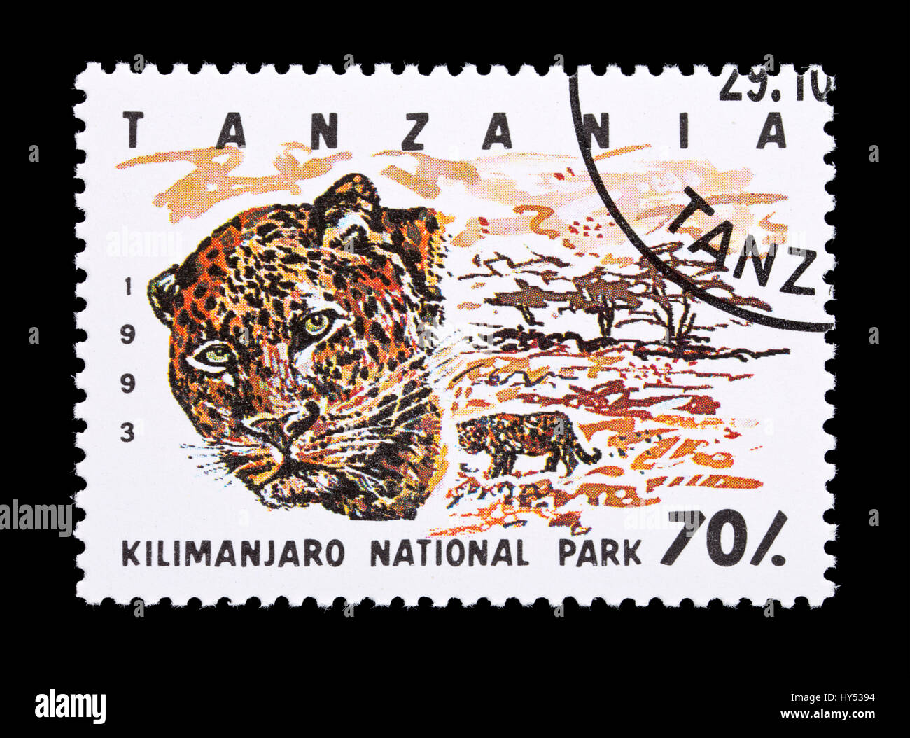Postage stamp from Tanzania depicting a leopard in Kilimanjaro National ...
