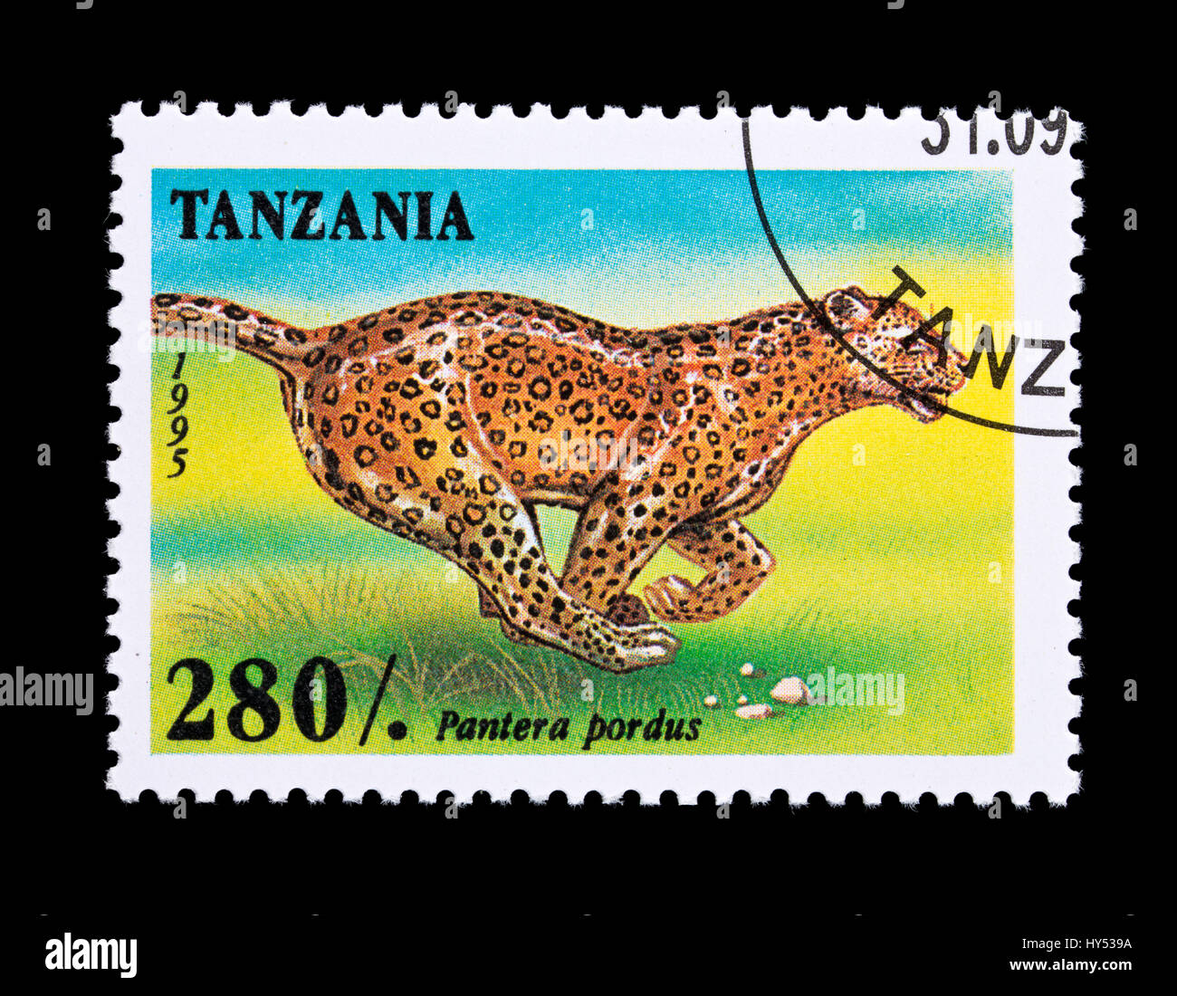 Postage stamp from the Tanzania depicting a leopard (Panthera pardus ...