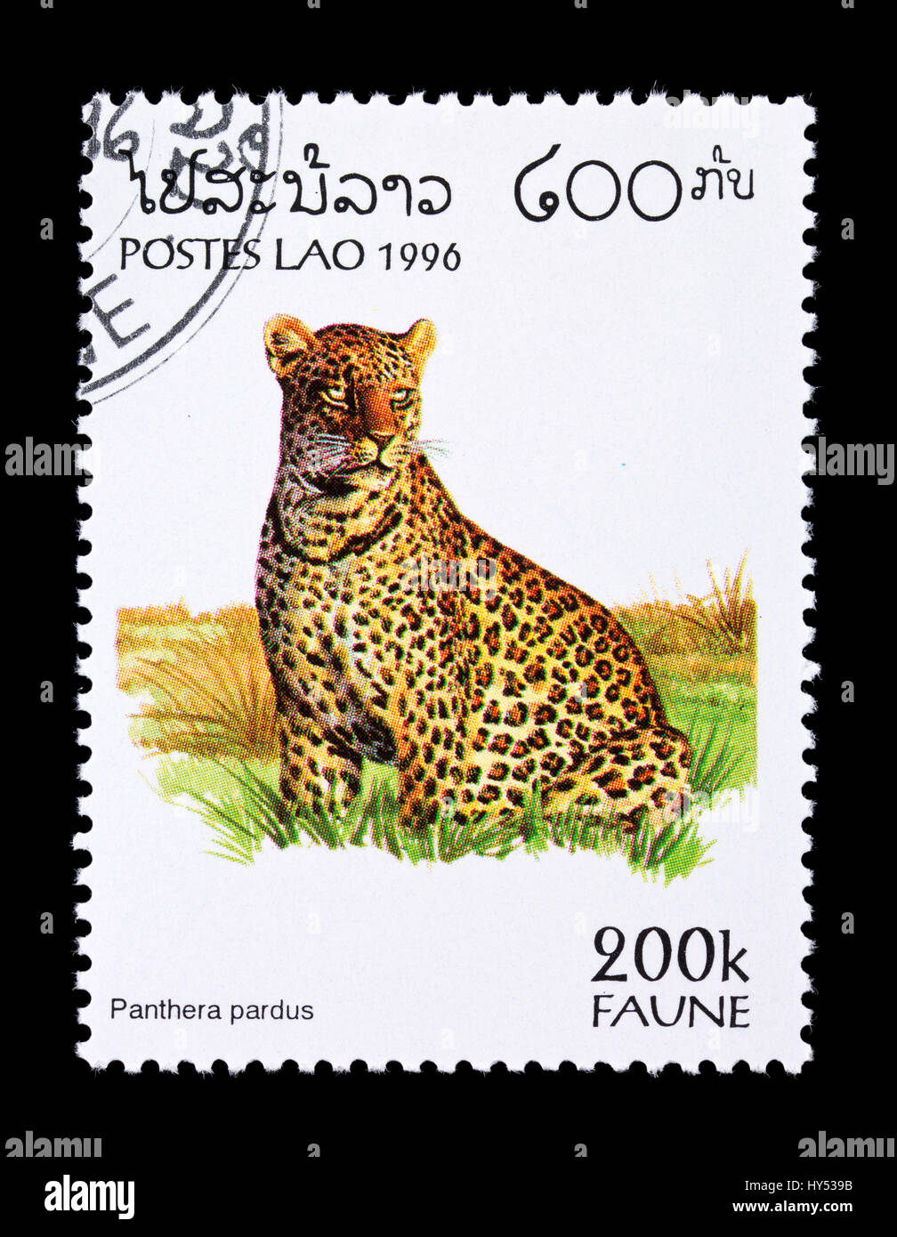 Postage stamp from the Laos depicting a leopard (Panthera pardus Stock ...