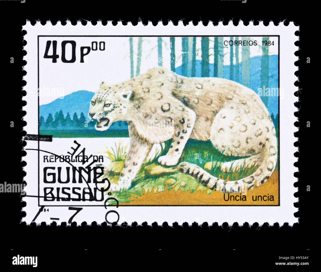 Postage stamp from Guinea Bissau depicting a snow leopard or ounce ...