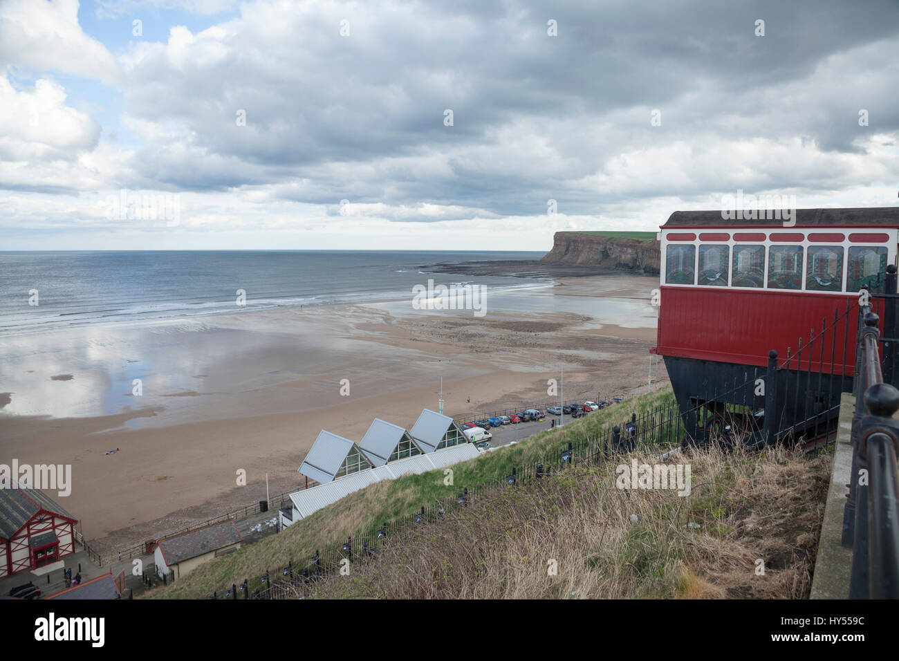 A view of the beach at Saltburn,England with the cliff lift in ...