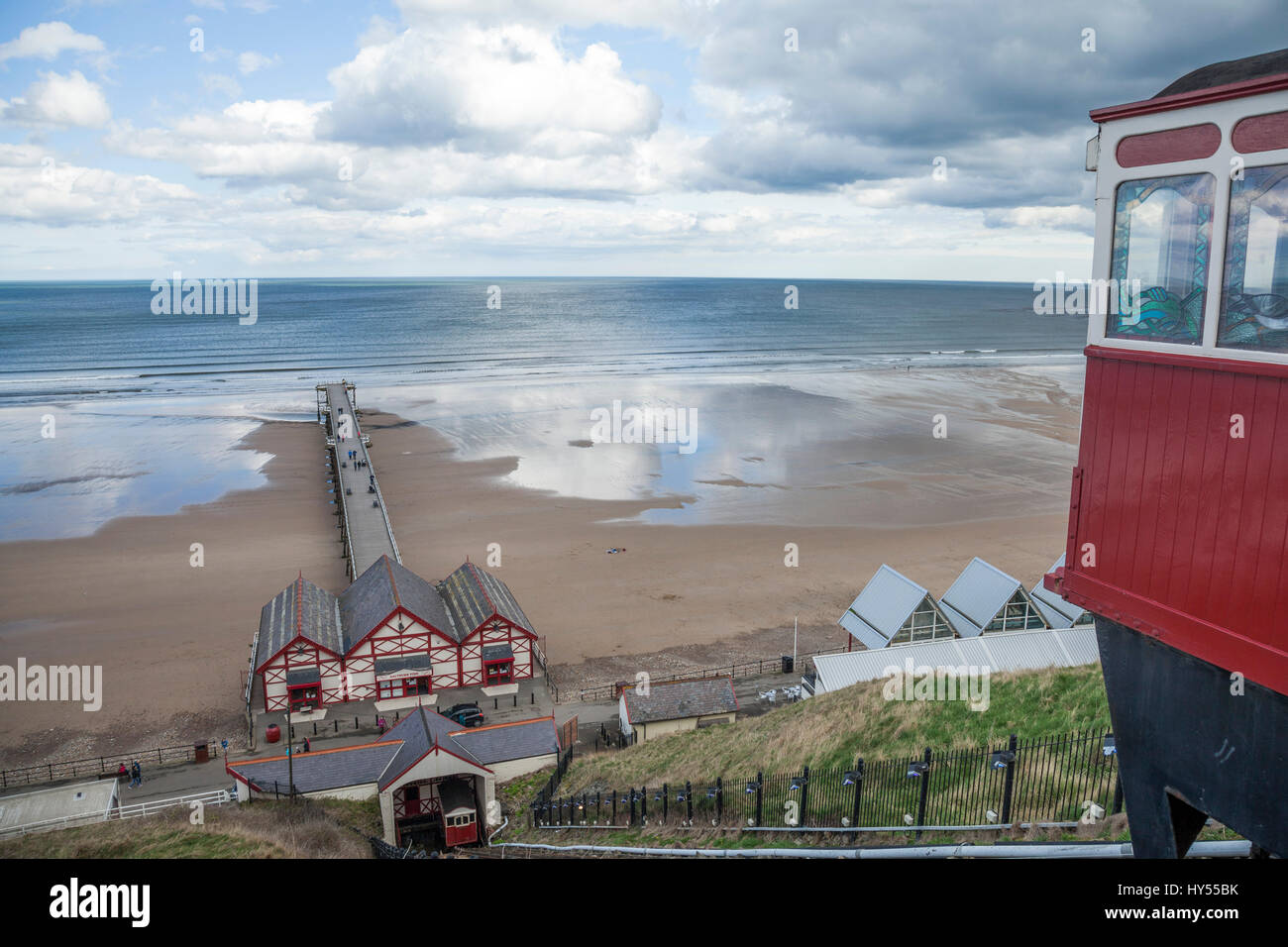 A view of the beach at Saltburn,England with the cliff lift in ...